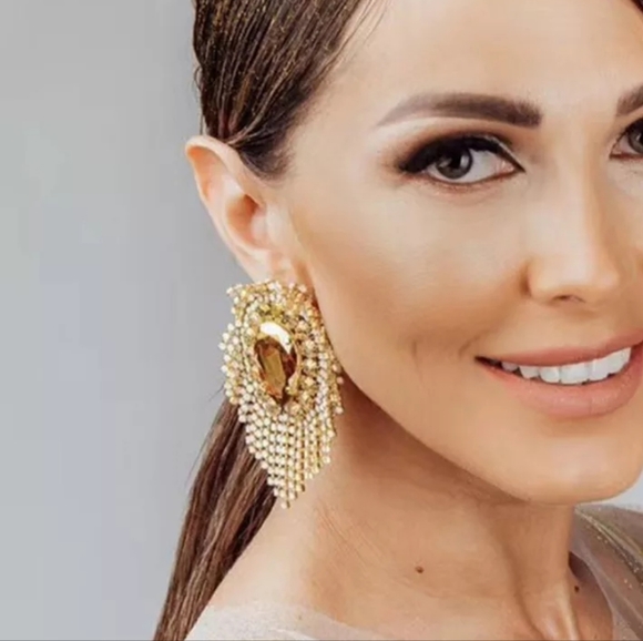 Jewelry | Exaggerated Rhinestone Statement Tassel Earrings | Poshmark